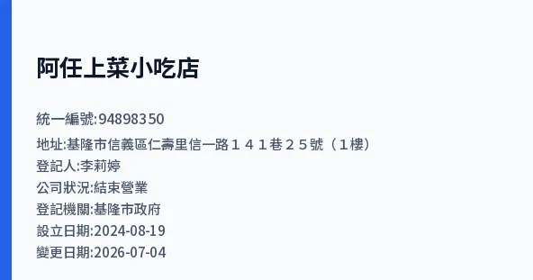 阿任上菜小吃店的照片-統編 94898350(基隆市) 公司登記資料與營業項目詳細圖表