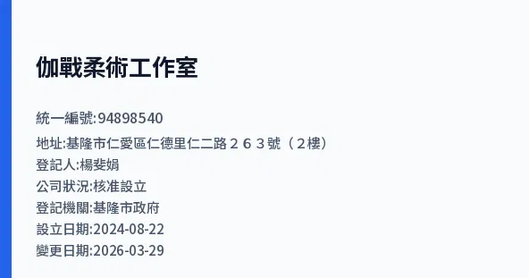 伽戰柔術工作室的照片-統編 94898540(基隆市) 公司登記資料與營業項目詳細圖表