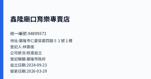 鑫隆廟口育樂專賣店的照片-統編 94899371(基隆市) 公司登記資料與營業項目詳細圖表