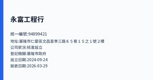 永富工程行的照片-統編 94899421(基隆市) 公司登記資料與營業項目詳細圖表