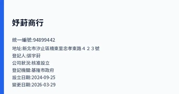 妤葑商行的照片-統編 94899442(新北市) 公司登記資料與營業項目詳細圖表
