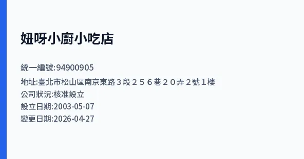 妞呀小廚小吃店的照片-統編 94900905(臺北市) 公司登記資料與營業項目詳細圖表