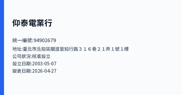 仰泰電業行的照片-統編 94902679(臺北市) 公司登記資料與營業項目詳細圖表