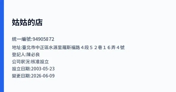 姑姑的店的照片-統編 94905872(臺北市) 公司登記資料與營業項目詳細圖表