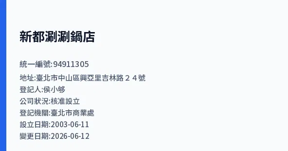 新都涮涮鍋店的照片-統編 94911305(臺北市) 公司登記資料與營業項目詳細圖表