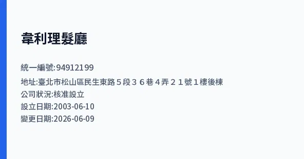 韋利理髮廳的照片-統編 94912199(臺北市) 公司登記資料與營業項目詳細圖表