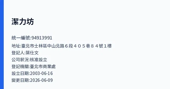 潔力坊的照片-統編 94913991(臺北市) 公司登記資料與營業項目詳細圖表