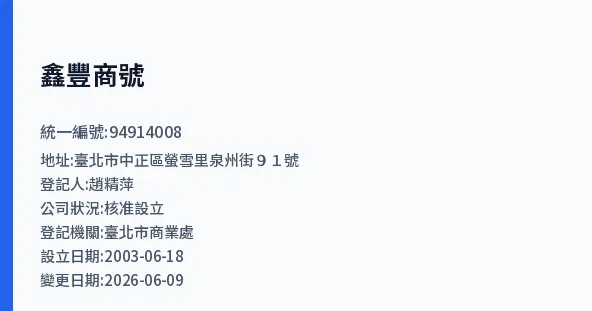 鑫豐商號的照片-統編 94914008(臺北市) 公司登記資料與營業項目詳細圖表