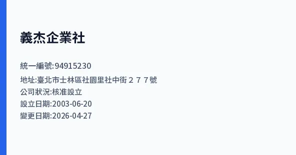 義杰企業社的照片-統編 94915230(臺北市) 公司登記資料與營業項目詳細圖表