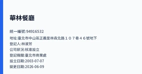 華林餐廳的照片-統編 94916532(臺北市) 公司登記資料與營業項目詳細圖表