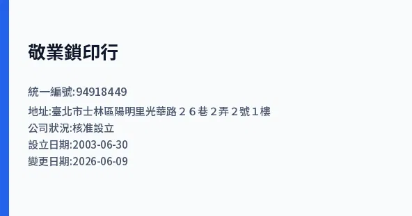 敬業鎖印行的照片-統編 94918449(臺北市) 公司登記資料與營業項目詳細圖表