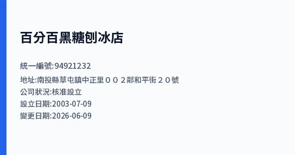 百分百黑糖刨冰店的照片-統編 94921232(南投縣) 公司登記資料與營業項目詳細圖表
