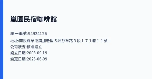 嵐園民宿咖啡館的照片-統編 94924126(南投縣) 公司登記資料與營業項目詳細圖表