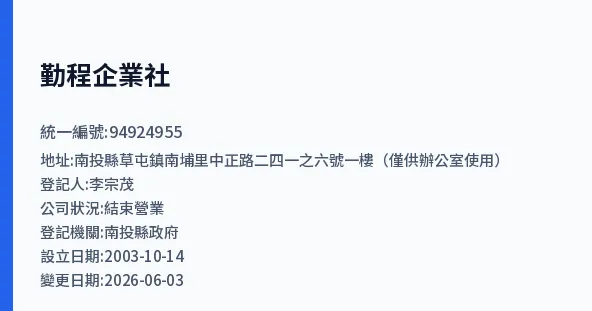 勤程企業社的照片-統編 94924955(南投縣) 公司登記資料與營業項目詳細圖表