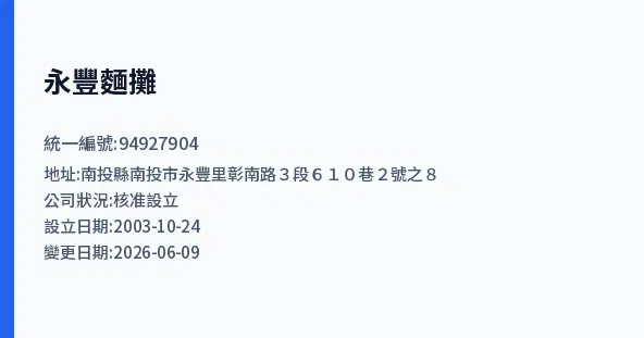 永豐麵攤的照片-統編 94927904(南投縣) 公司登記資料與營業項目詳細圖表