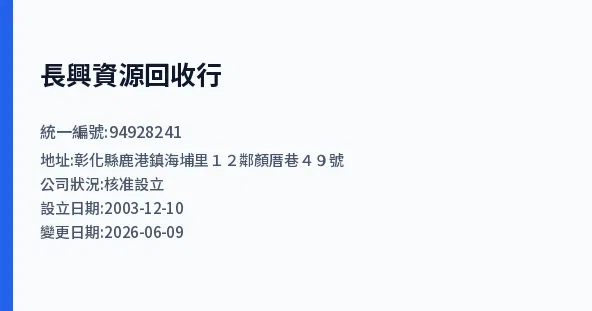 長興資源回收行的照片-統編 94928241(彰化縣) 公司登記資料與營業項目詳細圖表
