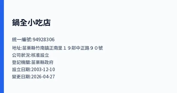 鍋全小吃店的照片-統編 94928306(苗栗縣) 公司登記資料與營業項目詳細圖表