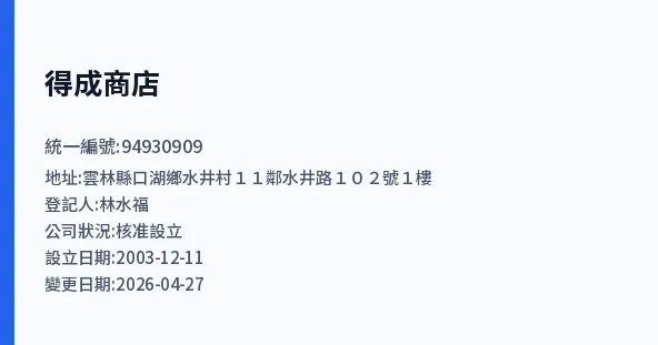 得成商店的照片-統編 94930909(雲林縣) 公司登記資料與營業項目詳細圖表