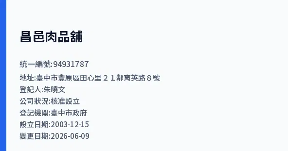 昌邑肉品舖的照片-統編 94931787(臺中市) 公司登記資料與營業項目詳細圖表