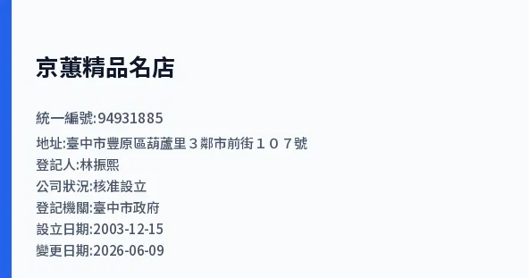 京蕙精品名店的照片-統編 94931885(臺中市) 公司登記資料與營業項目詳細圖表