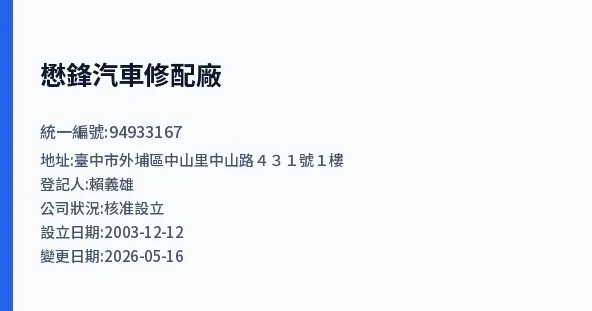 懋鋒汽車修配廠的照片-統編 94933167(臺中市) 公司登記資料與營業項目詳細圖表