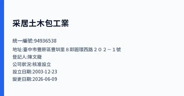 采居土木包工業的照片-統編 94936538(臺中市) 公司登記資料與營業項目詳細圖表