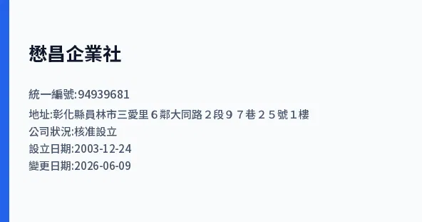 懋昌企業社的照片-統編 94939681(彰化縣) 公司登記資料與營業項目詳細圖表