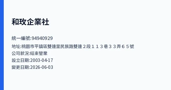 和玫企業社的照片-統編 94940929(桃園市) 公司登記資料與營業項目詳細圖表