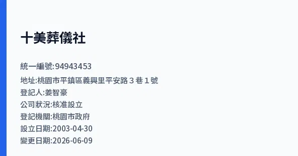 十美葬儀社的照片-統編 94943453(桃園市) 公司登記資料與營業項目詳細圖表