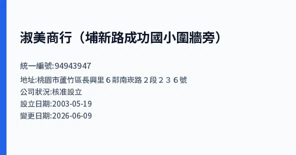 淑美商行(埔新路成功國小圍牆旁)的照片-統編 94943947(桃園市) 公司登記資料與營業項目詳細圖表