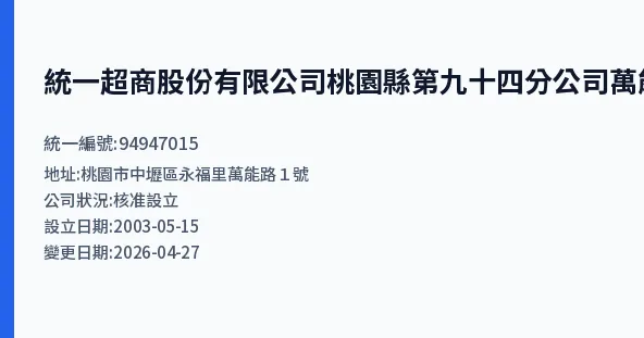 統一超商股份有限公司桃園縣第九十四分公司萬能門市部的照片-統編 94947015(桃園市) 公司登記資料與營業項目詳細圖表