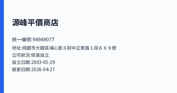 源峰平價商店的照片-統編 94949077(桃園市) 公司登記資料與營業項目詳細圖表