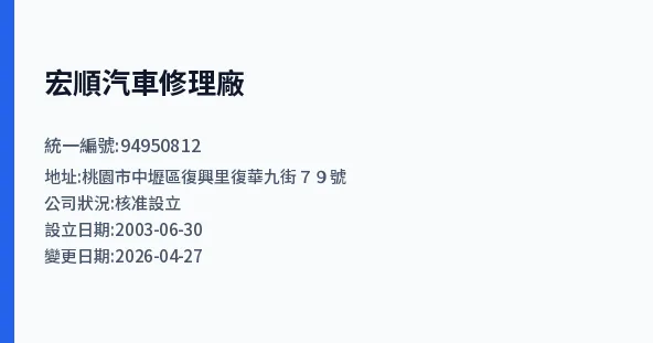 宏順汽車修理廠的照片-統編 94950812(桃園市) 公司登記資料與營業項目詳細圖表