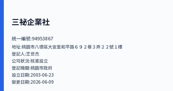 三祕企業社的照片-統編 94953867(桃園市) 公司登記資料與營業項目詳細圖表