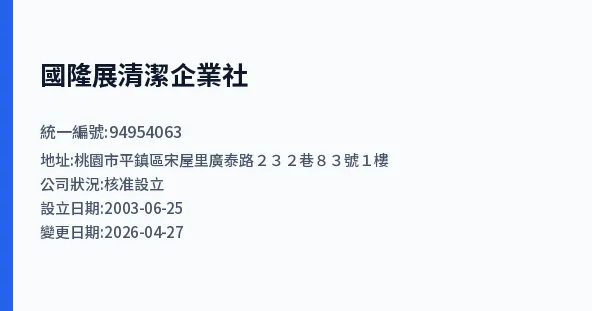 國隆展清潔企業社的照片-統編 94954063(桃園市) 公司登記資料與營業項目詳細圖表
