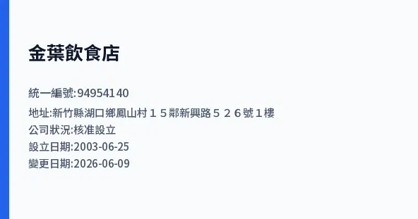 金葉飲食店的照片-統編 94954140(新竹縣) 公司登記資料與營業項目詳細圖表