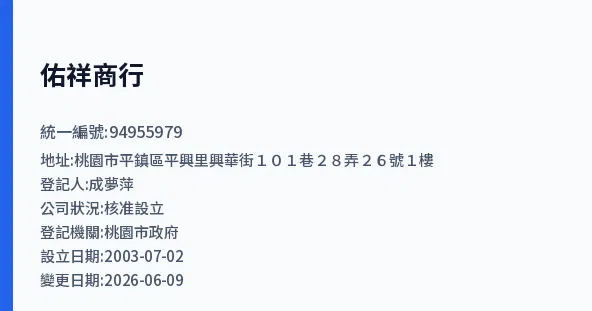 佑祥商行的照片-統編 94955979(桃園市) 公司登記資料與營業項目詳細圖表