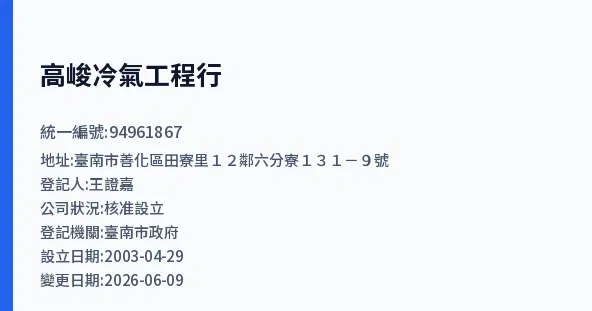 高峻冷氣工程行的照片-統編 94961867(臺南市) 公司登記資料與營業項目詳細圖表