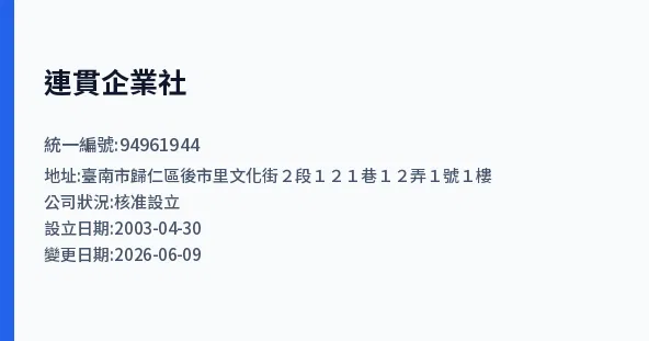 連貫企業社的照片-統編 94961944(臺南市) 公司登記資料與營業項目詳細圖表