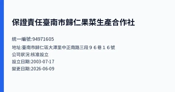 保證責任臺南市歸仁果菜生產合作社的照片-統編 94971605(臺南市) 公司登記資料與營業項目詳細圖表