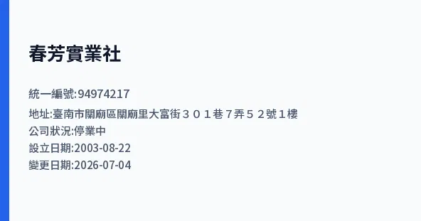 春芳實業社的照片-統編 94974217(臺南市) 公司登記資料與營業項目詳細圖表