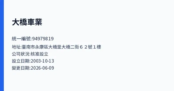 大橋車業的照片-統編 94979819(臺南市) 公司登記資料與營業項目詳細圖表