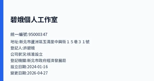 碧娥個人工作室的照片-統編 95000347(新北市) 公司登記資料與營業項目詳細圖表