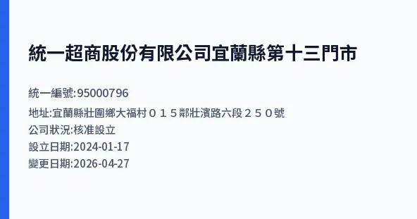 統一超商股份有限公司宜蘭縣第十三門市的照片-統編 95000796(宜蘭縣) 公司登記資料與營業項目詳細圖表