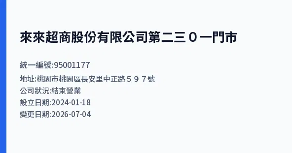 來來超商股份有限公司第二三0一門市的照片-統編 95001177(桃園市) 公司登記資料與營業項目詳細圖表
