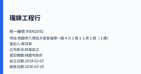 瓏錸工程行的照片-統編 95002892(桃園市) 公司登記資料與營業項目詳細圖表