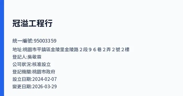 冠溢工程行的照片-統編 95003359(桃園市) 公司登記資料與營業項目詳細圖表