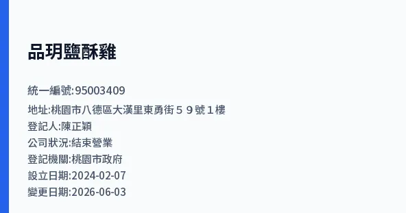 品玥鹽酥雞的照片-統編 95003409(桃園市) 公司登記資料與營業項目詳細圖表