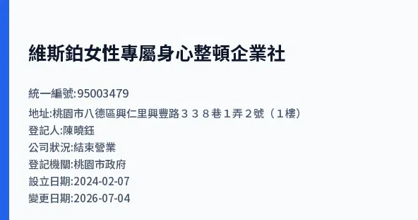 維斯鉑女性專屬身心整頓企業社的照片-統編 95003479(桃園市) 公司登記資料與營業項目詳細圖表