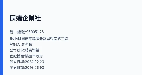 辰婕企業社的照片-統編 95005125(桃園市) 公司登記資料與營業項目詳細圖表